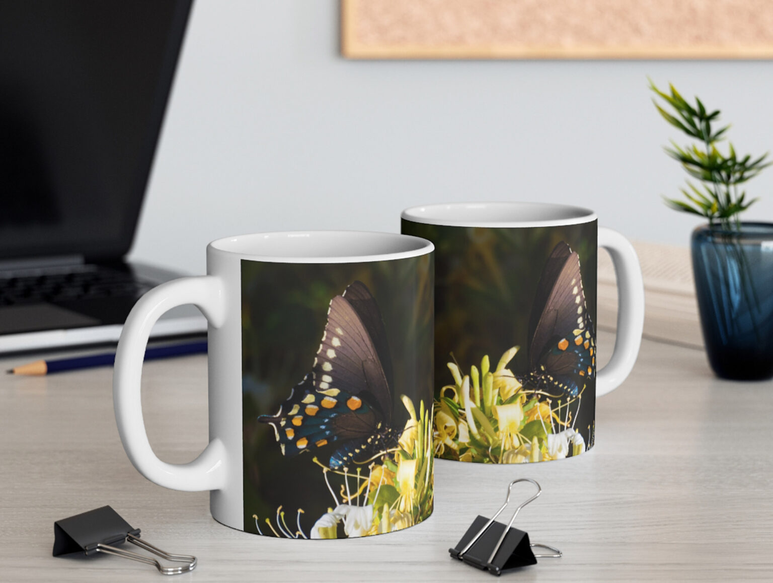 Coffee Mugs – Swallowtail Butterfly and Honeysuckle Flowers – Moment of ...